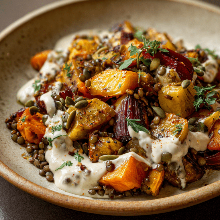 Fall Roasted Vegetable and Lentil Salad with Pine Nut Cream